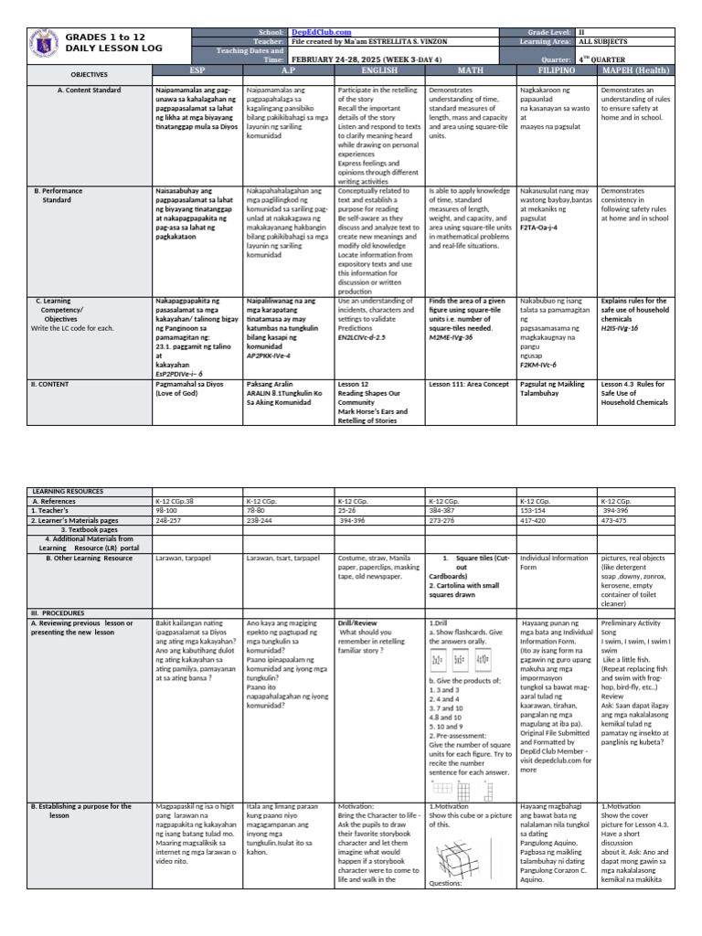 DLL - All Subjects 2 - Q4 - W3 - D4 | PDF