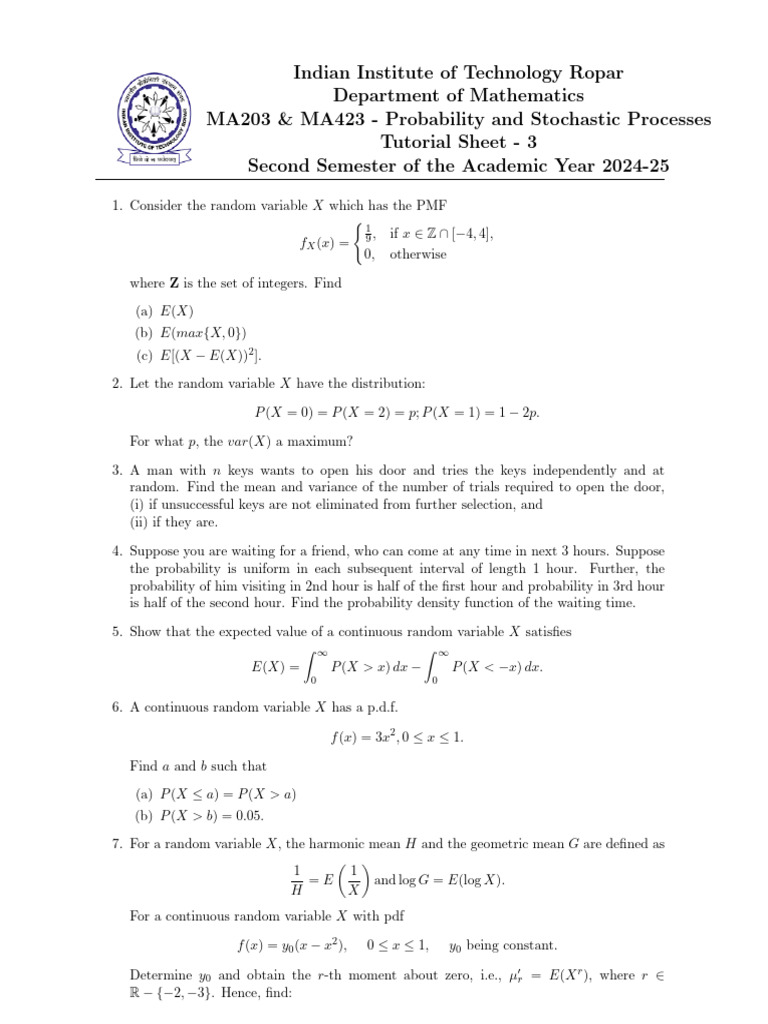 Prob and Stochastic Tut 3 | PDF | Random Variable | Variance