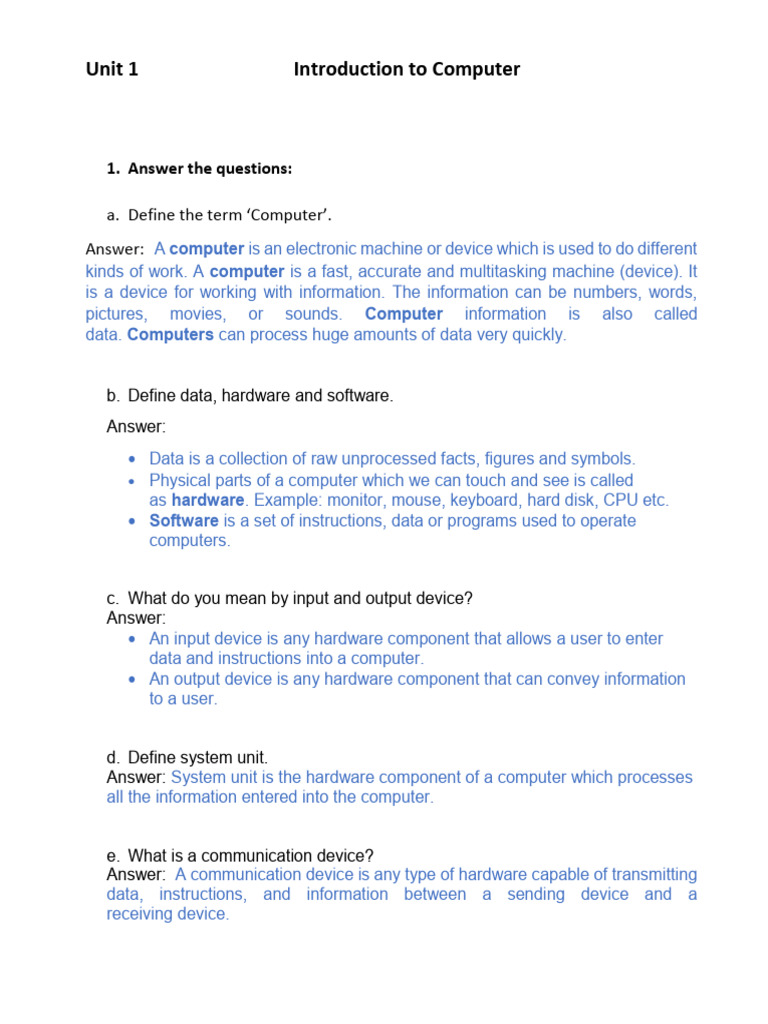 Computer 4 Unit 1 Questions Answer | PDF | Computer Hardware | Information