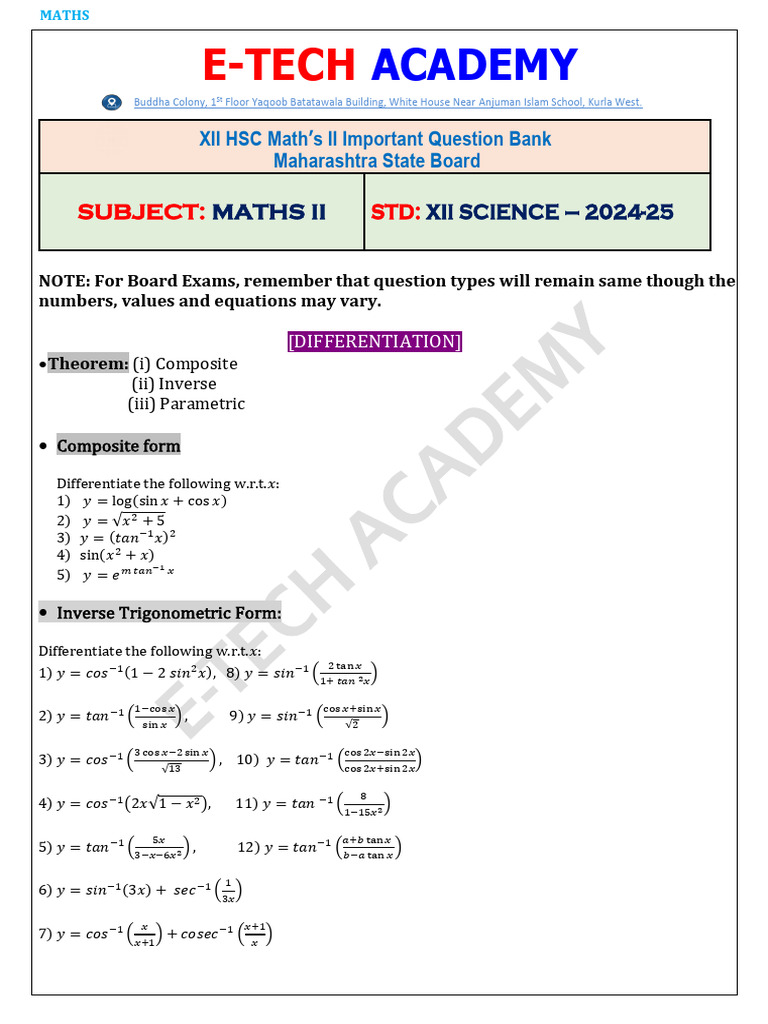 XII HSC Maths II Question Bank 2024-25 | PDF | Probability Distribution ...