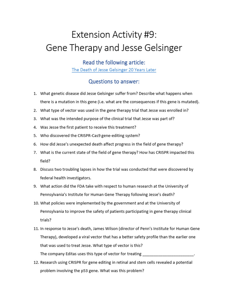 Extension Activity #9 - Jesse Gelsinger and Gene Therapy | PDF
