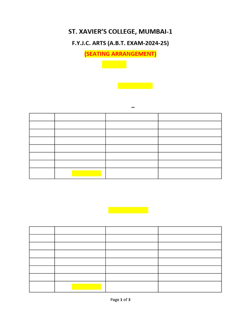 FYJC Arts Exam Seating Arrangement 2025 | PDF | Educational Assessment ...