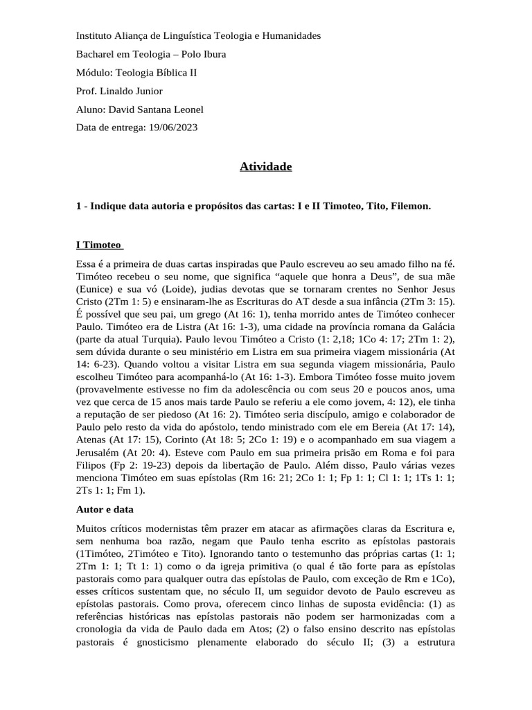 Análise das Cartas de Paulo a Timóteo e Tito | PDF | Apóstolo Paulo ...