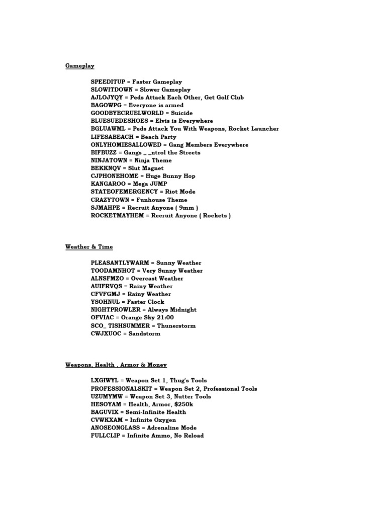 GTA San Andreas Cheat Codes | PDF