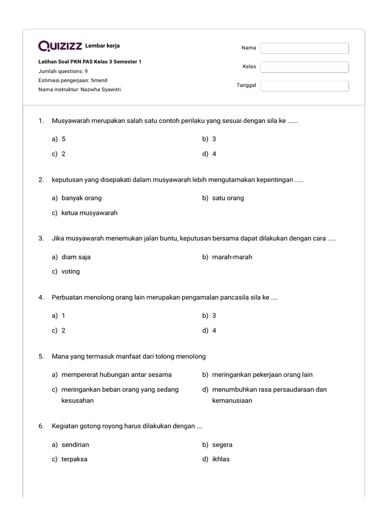 Latihan Soal PKN PAS Kelas 3 Semester 1 | Quizizz | PDF