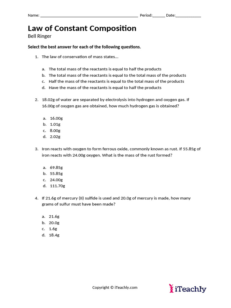3 4a Bell Ringer SE Law of Constant Composition | PDF