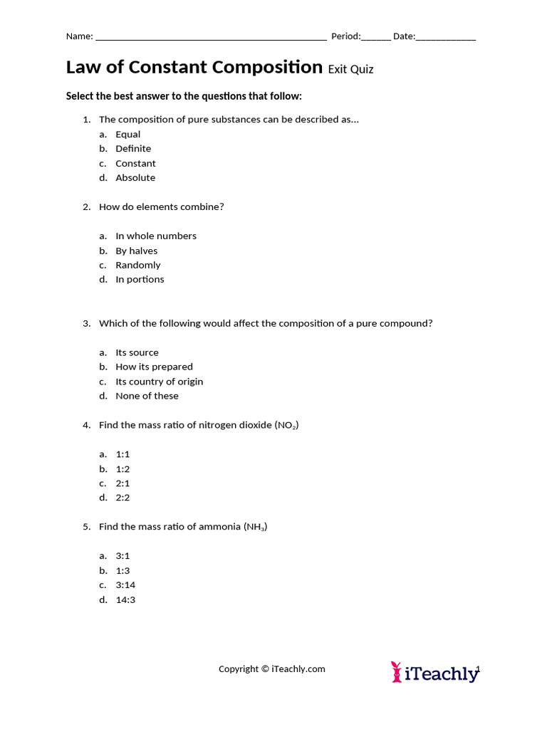 3 4a Exit Quiz SE Law of Constant Composition | PDF