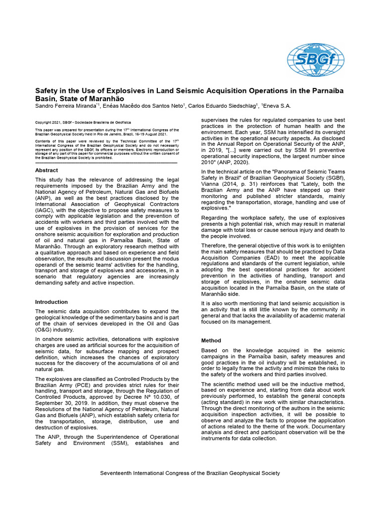 Safety in The Use of Explosives in Land Seismic Acquisition Operations ...