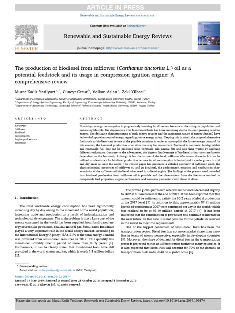 10 1016@j Rser 2019 109574 | PDF | Biodiesel | Vegetable Oil