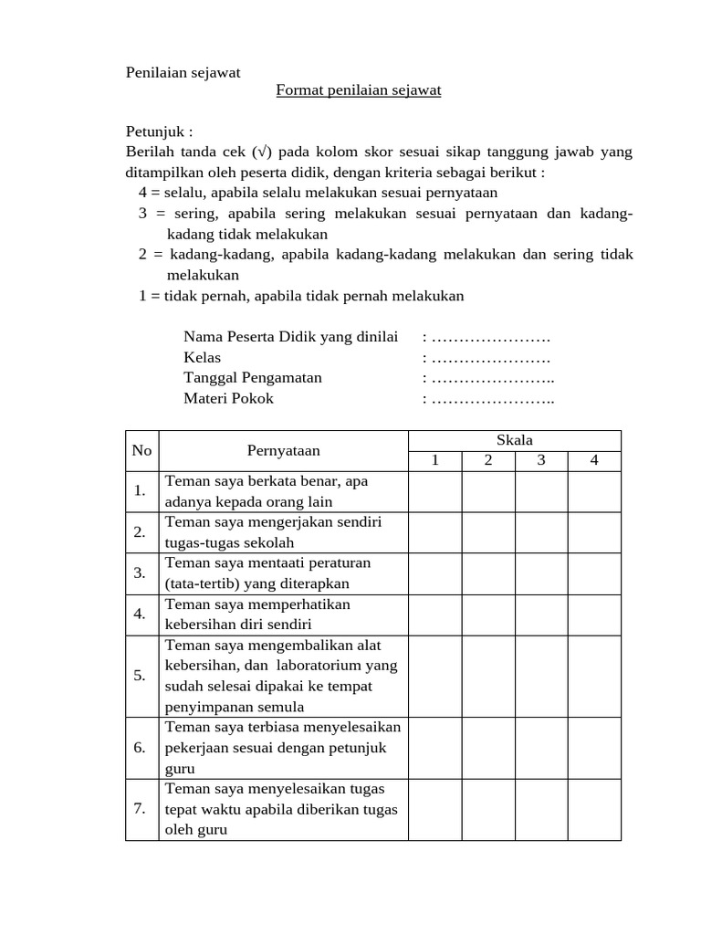 Format Penilaian Sejawat Siswa | PDF