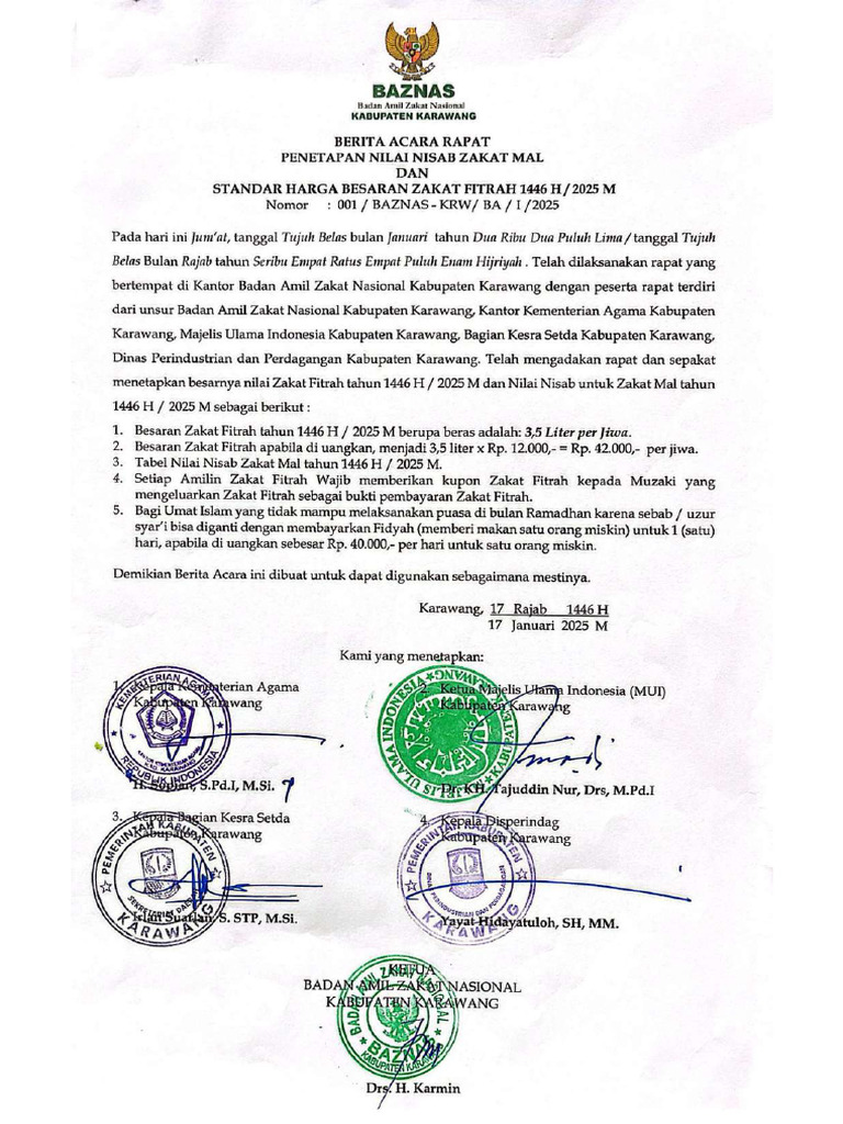 001 - BA Penetapan Zakat Fitrah 1446 H BAZNAS KRW | PDF