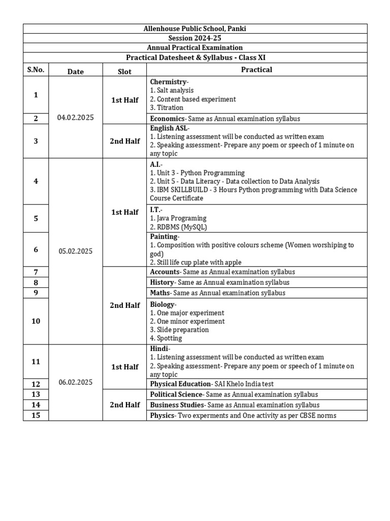 Class XI Practical Exam Syllabus 2024-25 | PDF | Qualifications ...