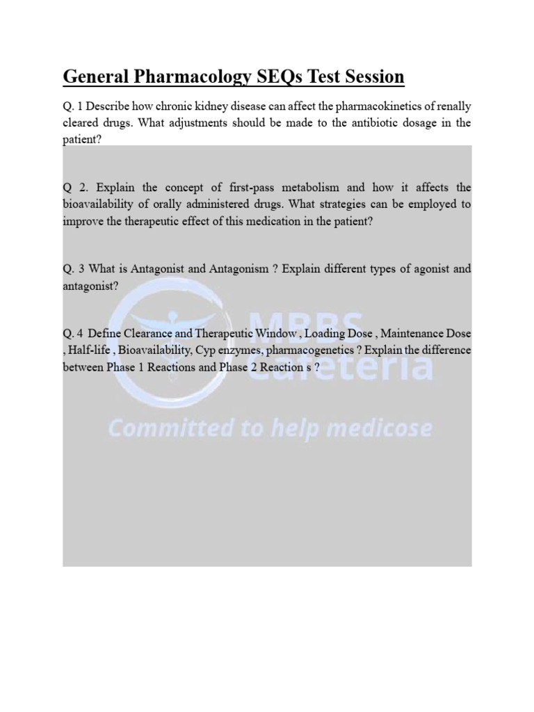 General Pharmacology SEQs Test | PDF