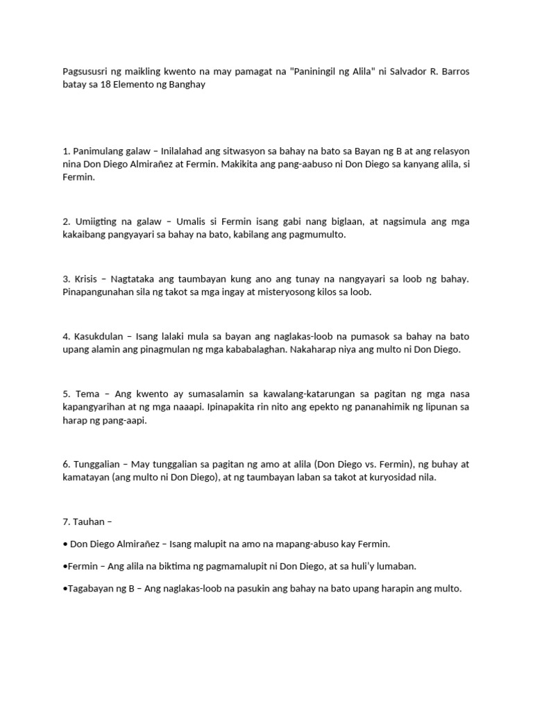 Isang Pagsusuri batay sa 18 Elemento ng Banghay | PDF