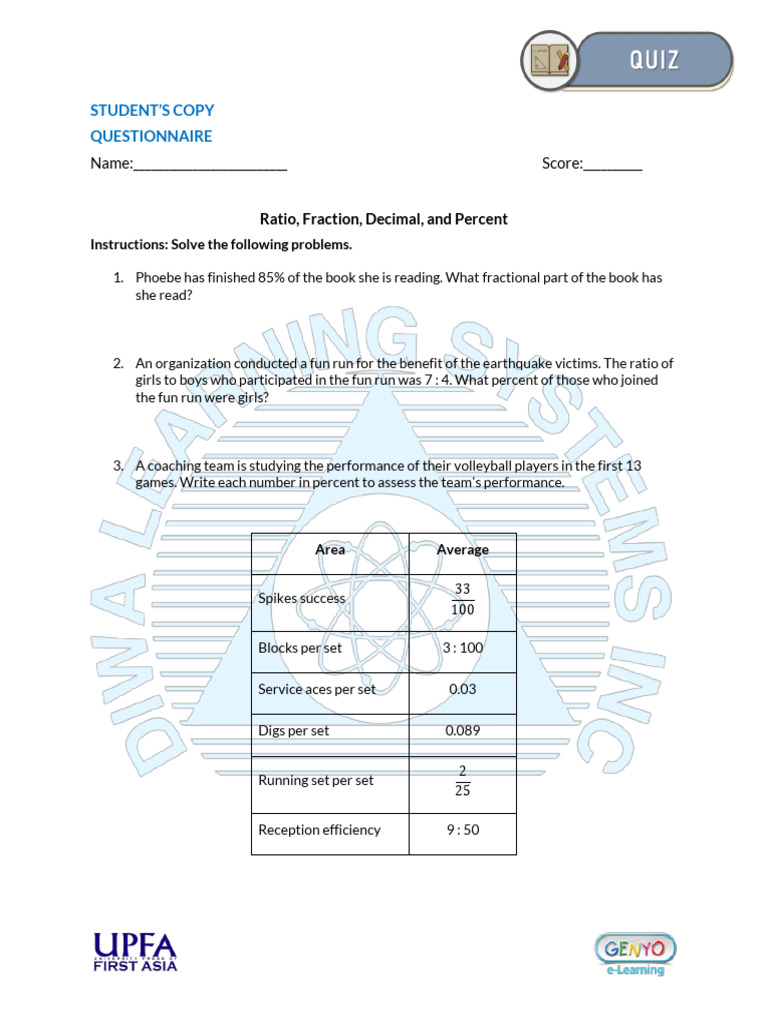 M5 - U3 - L6 - Quiz1 - Ratio, Fraction, Decimal and Percent | PDF