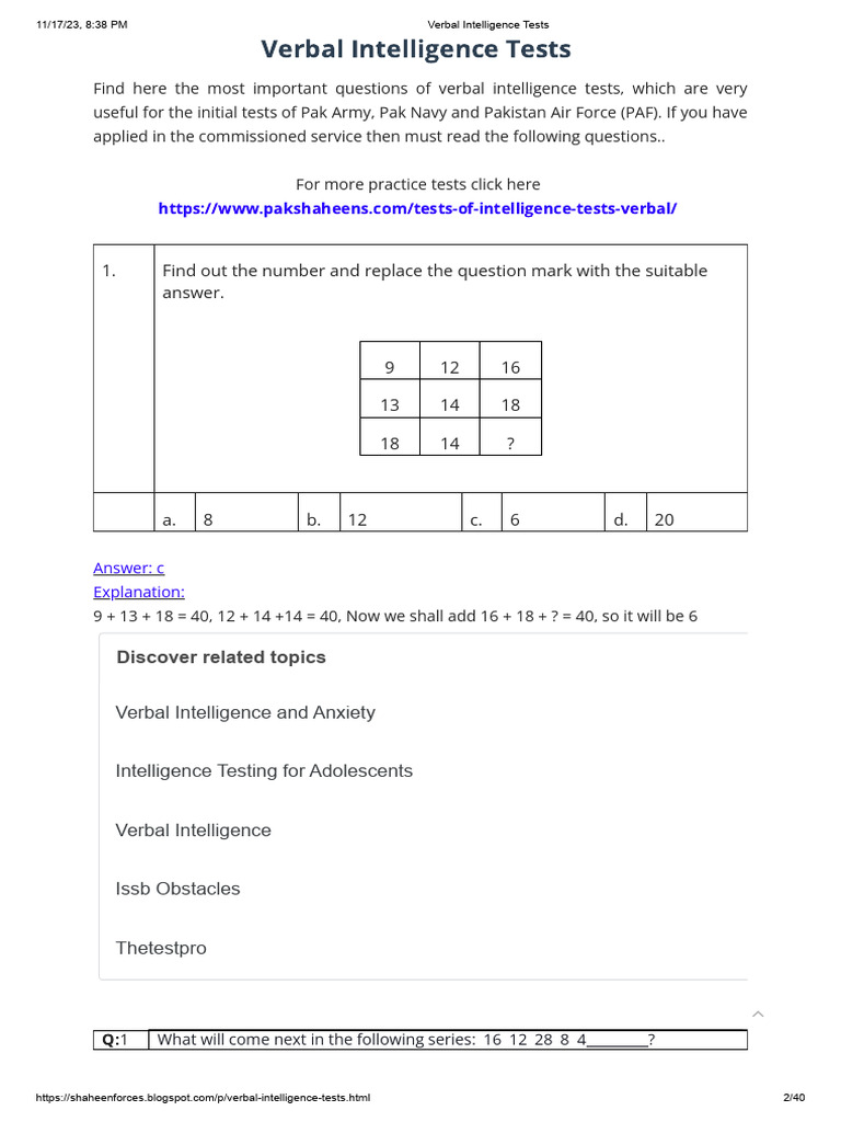 Verbal Intelligence Tests | PDF