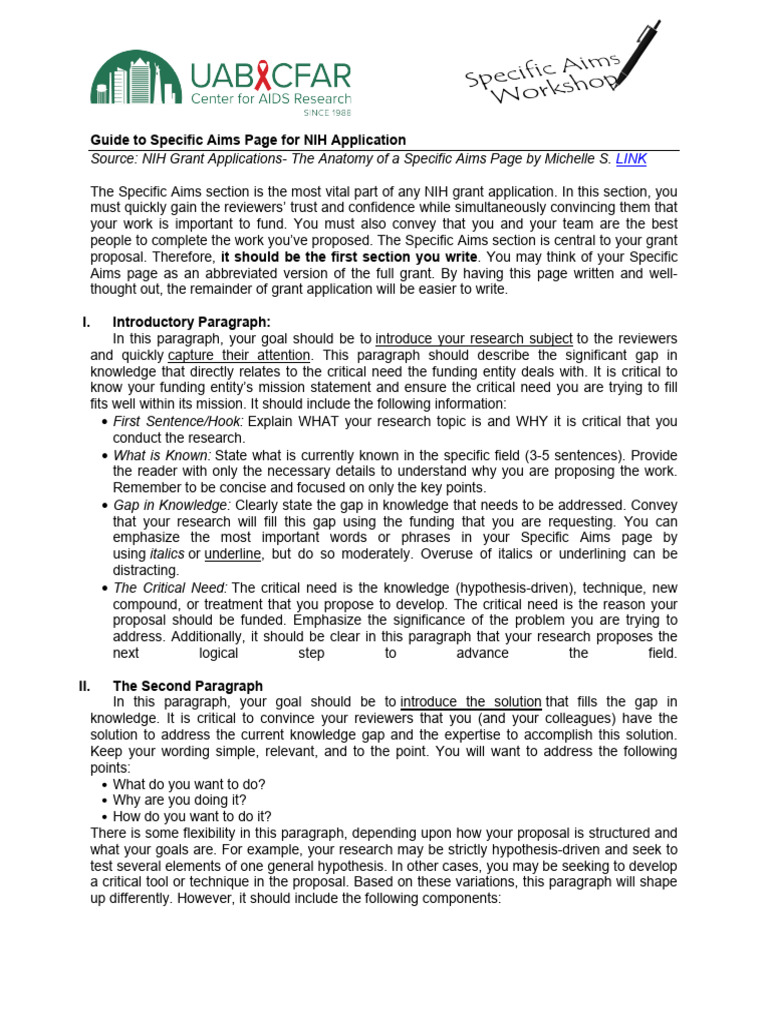 NIH Specific Aims Page Guide | PDF | Hypothesis | Cognition