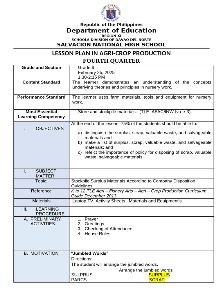 3.3.1 Lesson Plan #5 Co3 | PDF | Waste | Lesson Plan