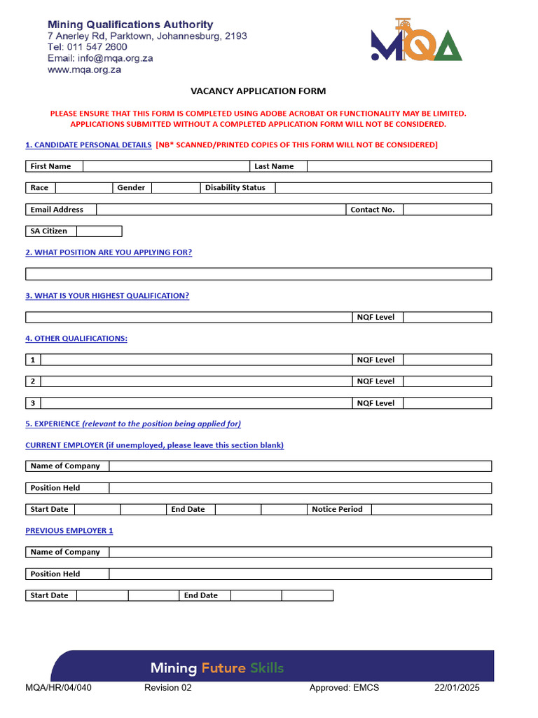 MQA Vacancy Application Form - 2025 008 | PDF