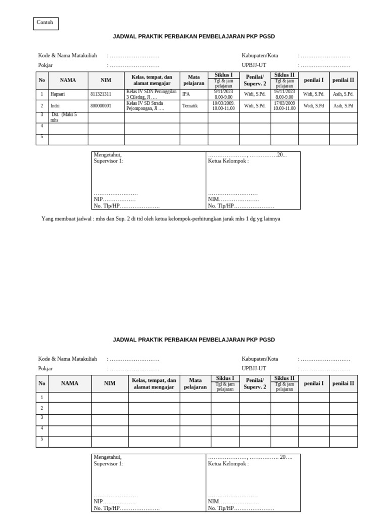 Jadwal Praktik Perbaikan Pembelajaran PKP PGSD | PDF