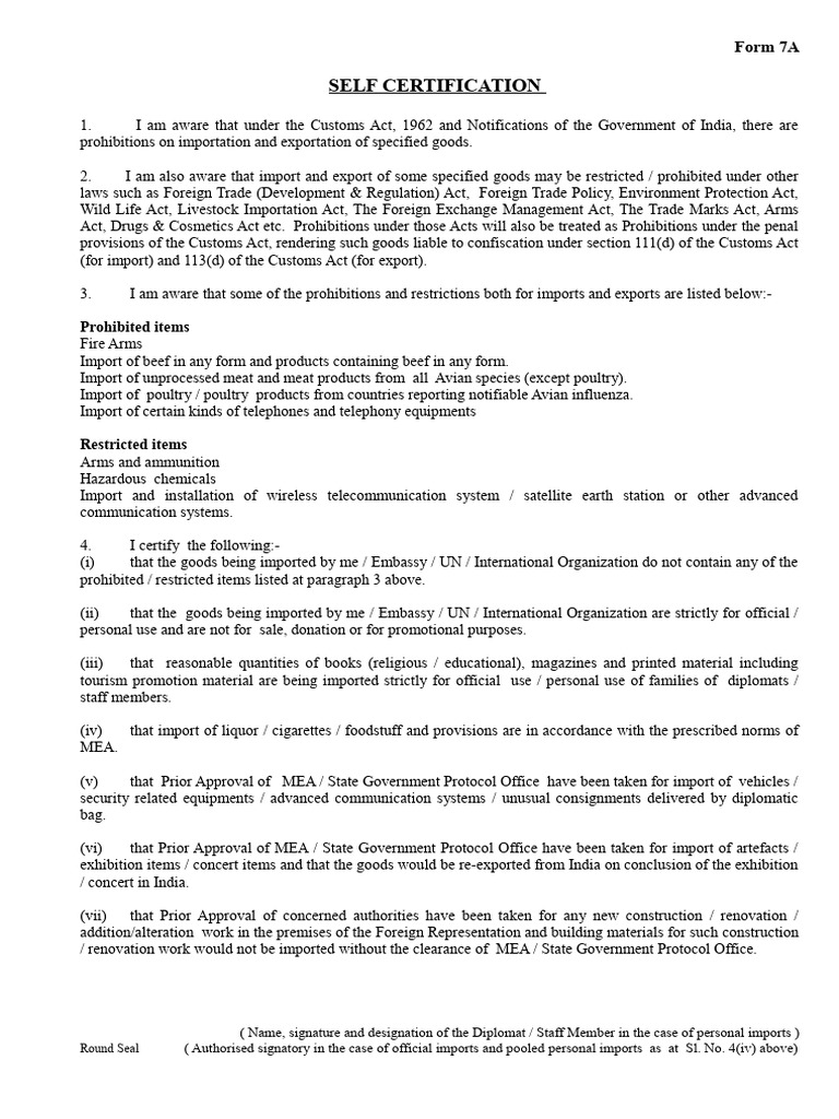 Form 7A Self-Certification Guidelines | PDF | Exports
