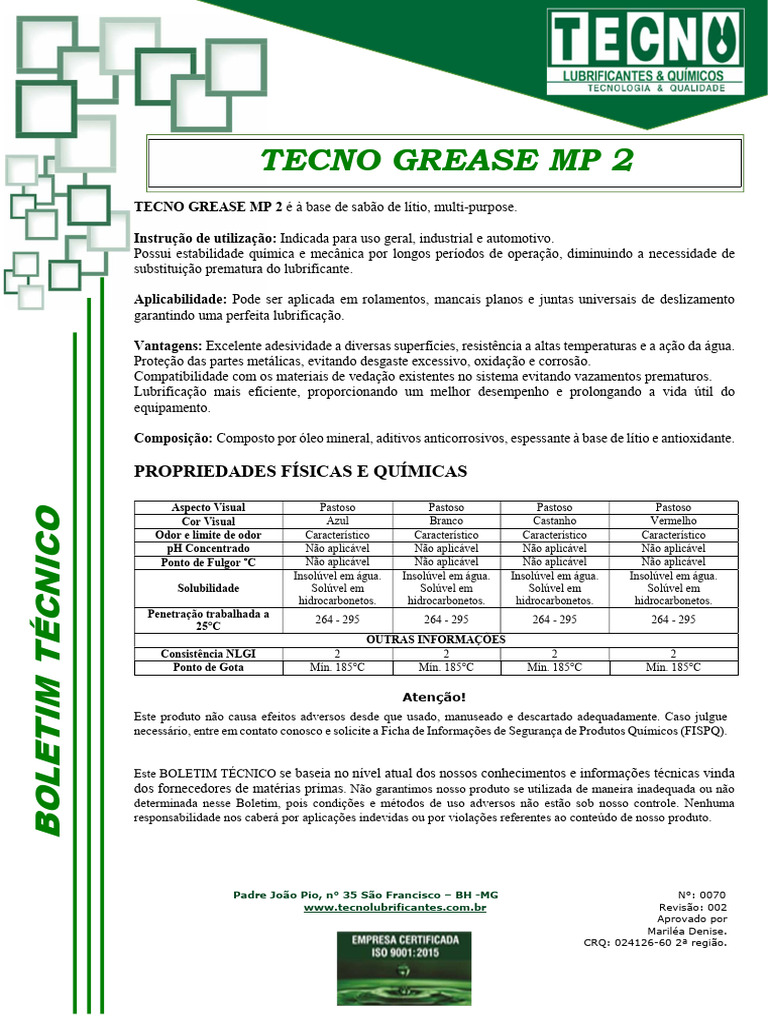 Lubrificante TECNO GREASE MP 2: Vantagens e Uso | PDF | Solubilidade ...
