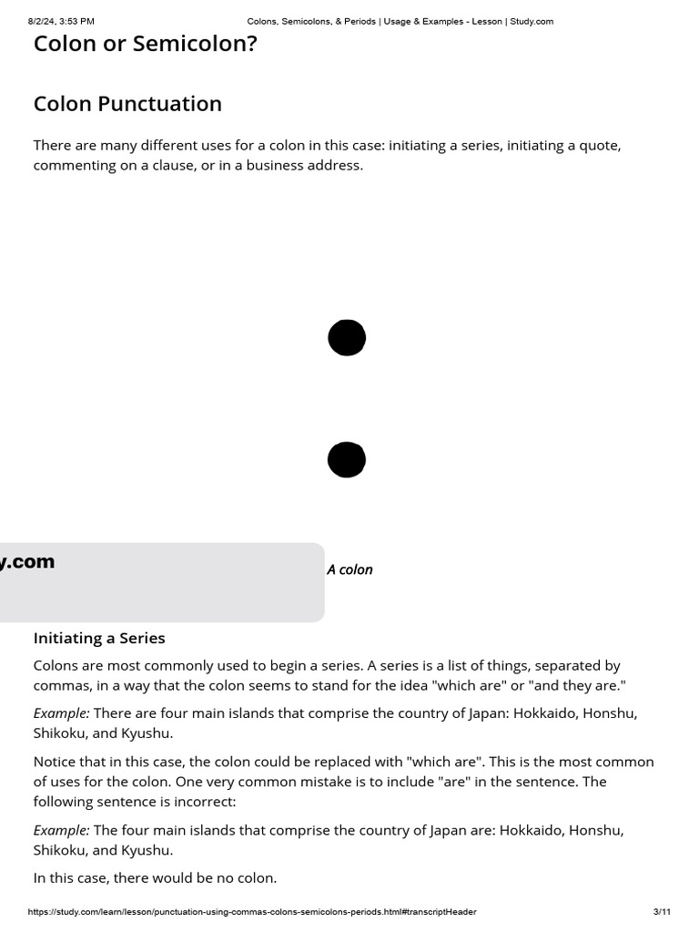 Colons, Semicolons, & Periods - Usage & Examples - Lesson | PDF | Comma ...