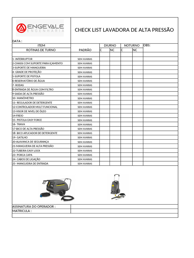 Check List Lavadora De Alta Pressão Pdf