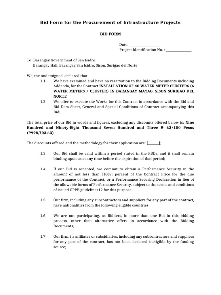 Bid Form for Infrastructure Projects | PDF | Private Law