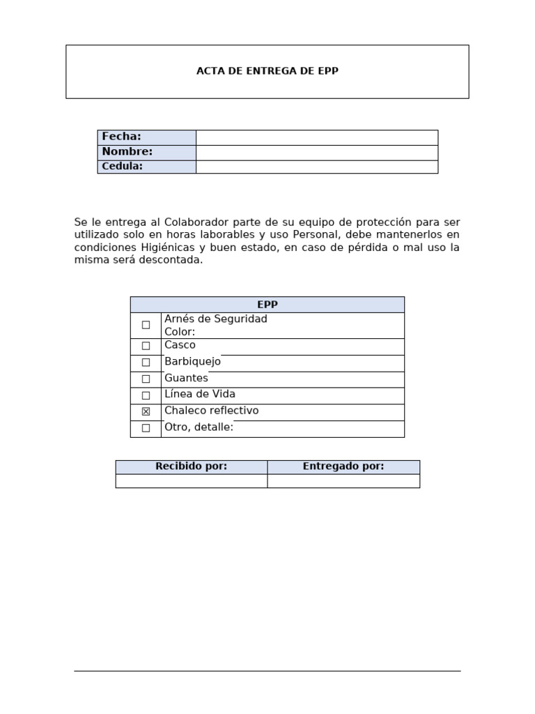 SSO-FR-09 Acta de Entrega de EPP | PDF