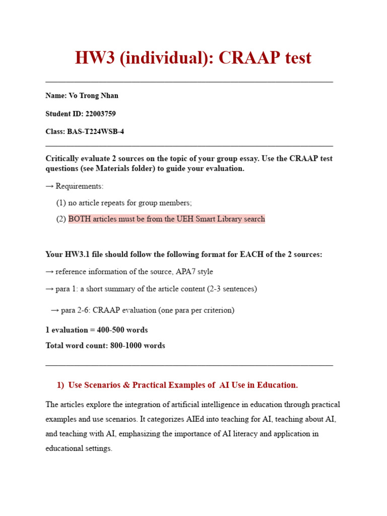 CRAAP Test Evaluation of AI Education Sources | PDF | Artificial ...