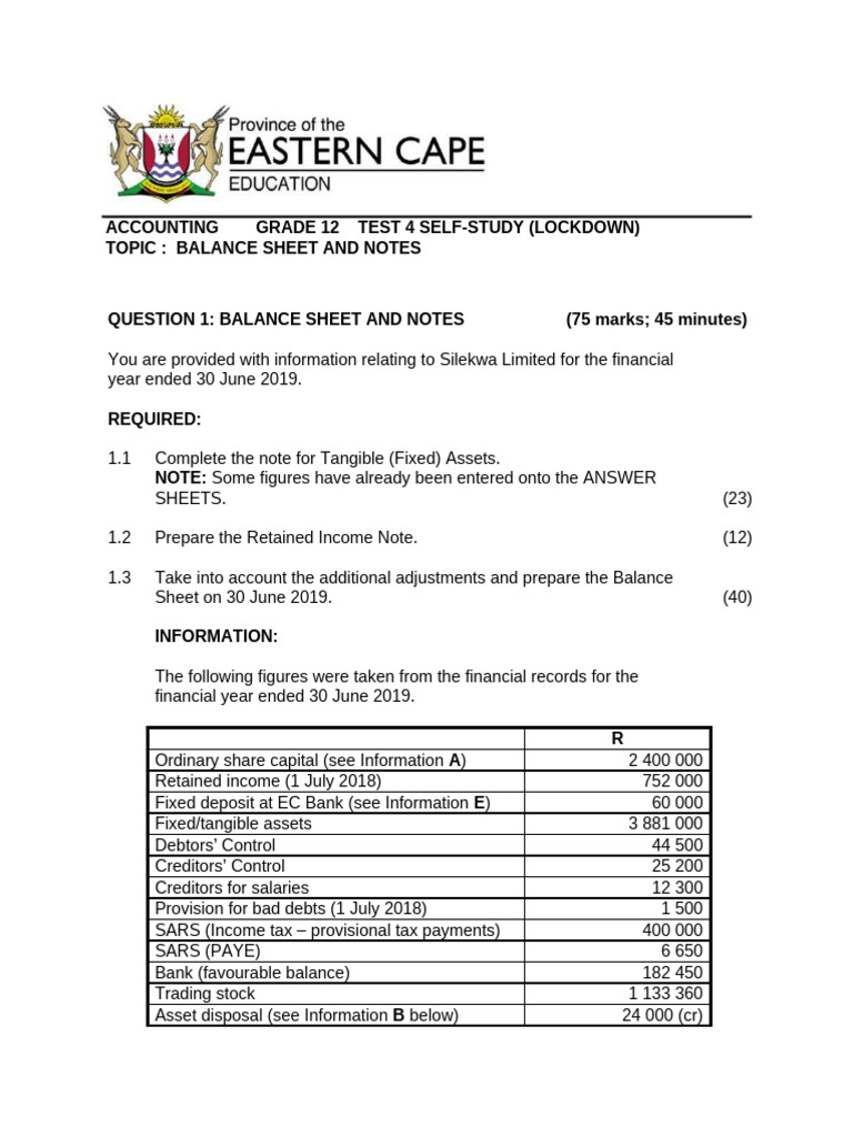 Grade 12 Balance Sheet Test | PDF | Depreciation | Dividend