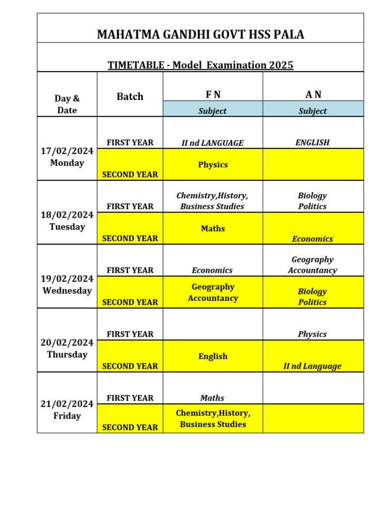 Model Timetable 2025 | PDF