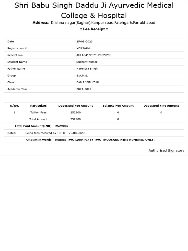 BAMS 2nd Year Fee Receipt - Sushant Kumar | PDF