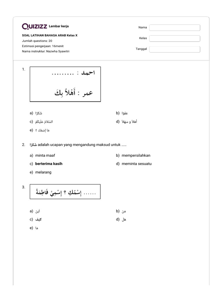 Soal Latihan Bahasa Arab Kelas X | PDF