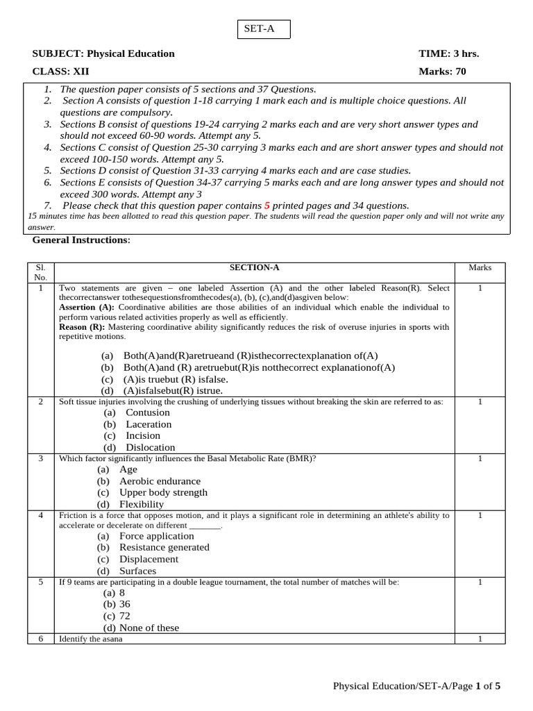 (Phy. Edu.)2024 (SET-A) | PDF | Sports | Force