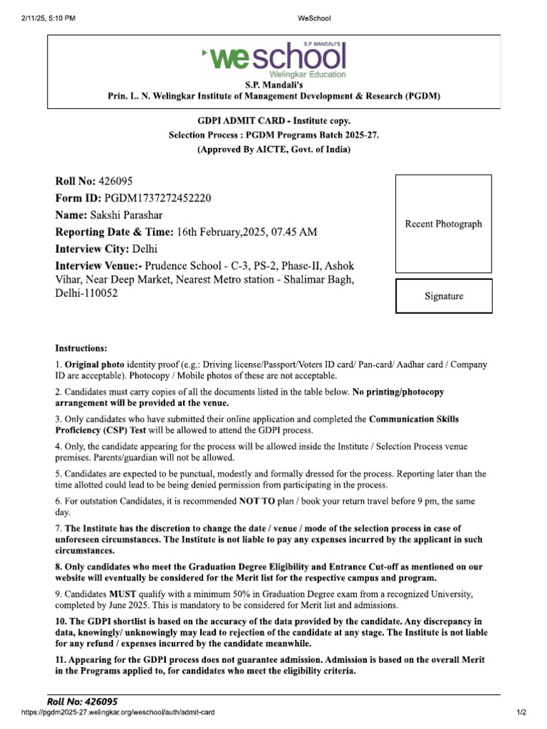 welingkar admit card | PDF