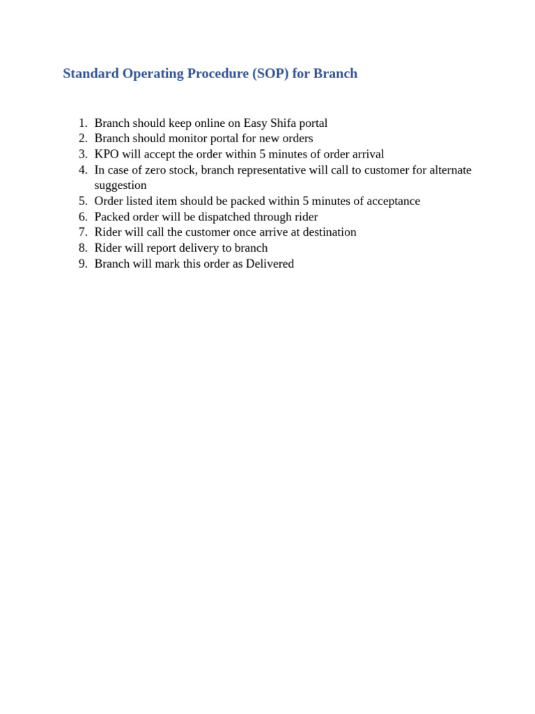 SOP for Branch Order Management | PDF