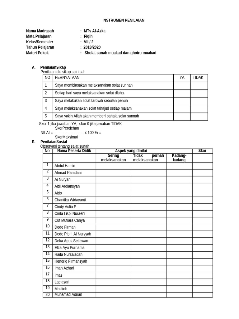 Instrumen Penilaian Fiqih Kelas 7 | PDF