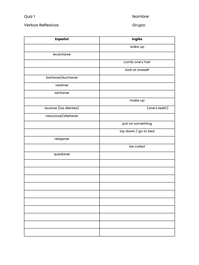 Quiz 1 Verbos Reflexivos | PDF