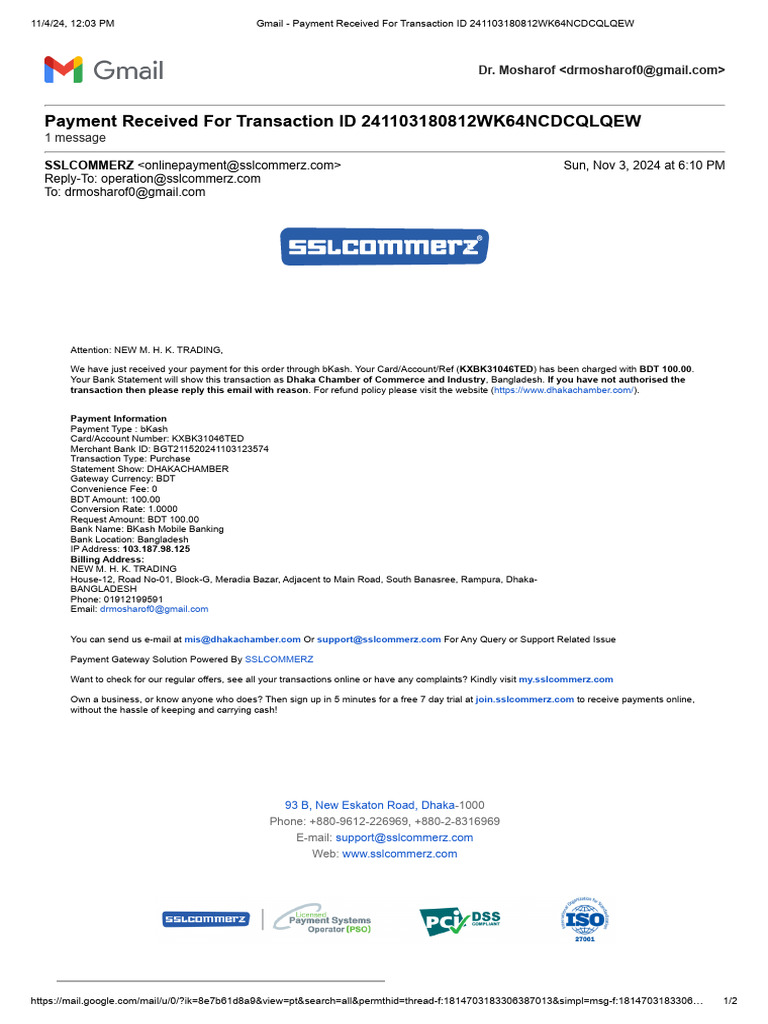 Gmail - Payment Received For Transaction ID 241103180812WK64NCDCQLQEW | PDF | Gmail | Payments