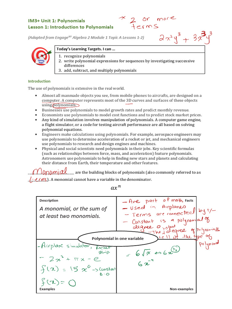 1 1+Intro+to+polynomials-+Annotated+Notes | PDF | Polynomial | Algebra