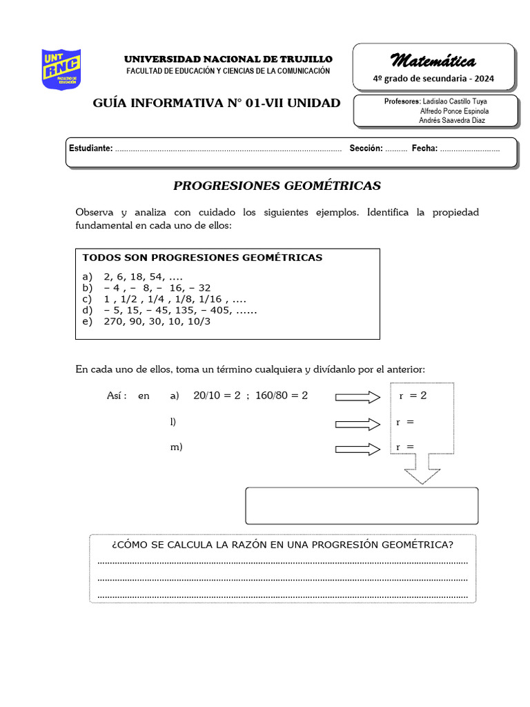 Guia Informativa 01-Vii Unidad Progresion Geometrica | PDF | Geometría | Aritmética