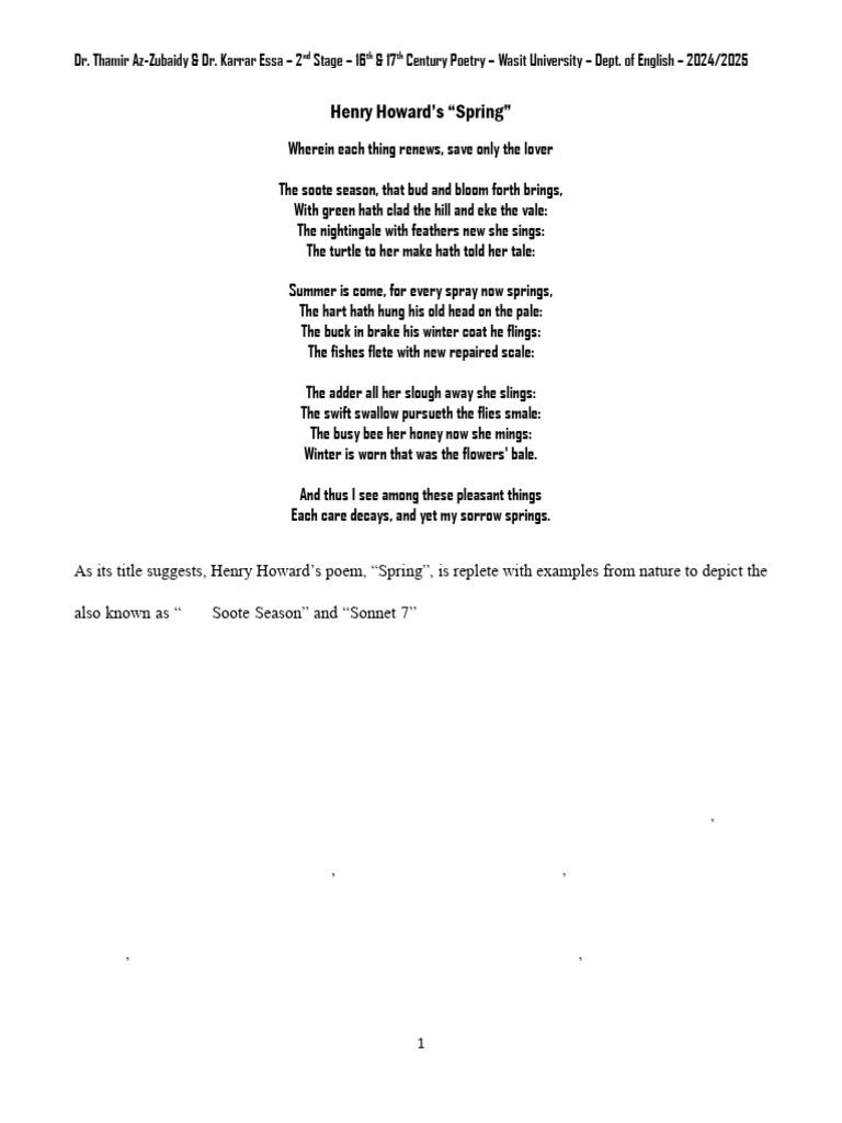 Henry Howard-S The Spring 2 | PDF | Poetry | Rhyme