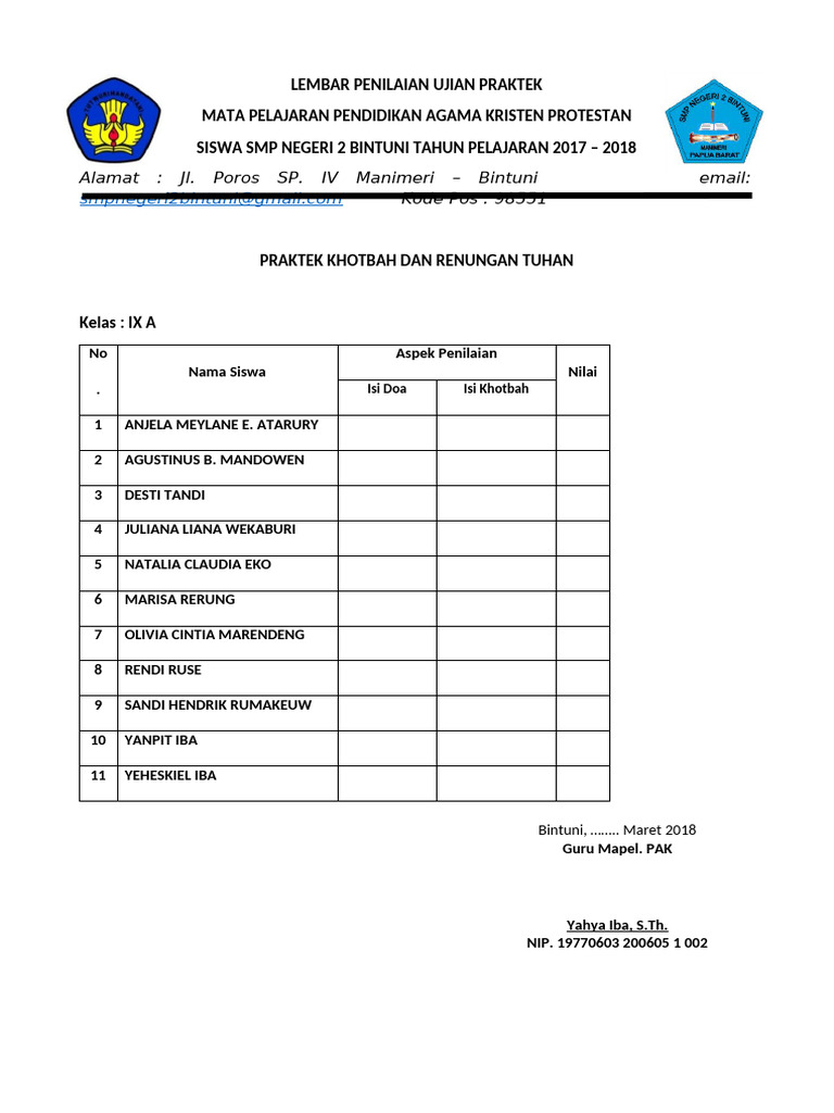 Lembar Penilaian Ujian Praktek Pak | PDF