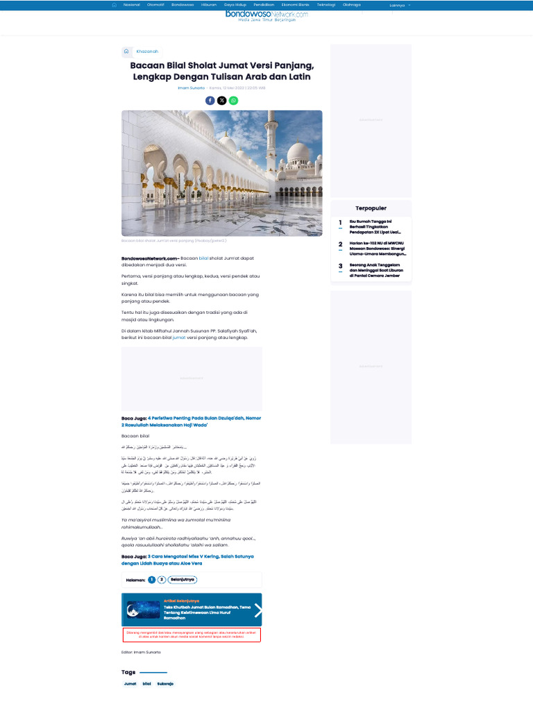 Bacaan Bilal Sholat Jumat Versi Panjang - Lengkap Dengan Tulisan Arab ...