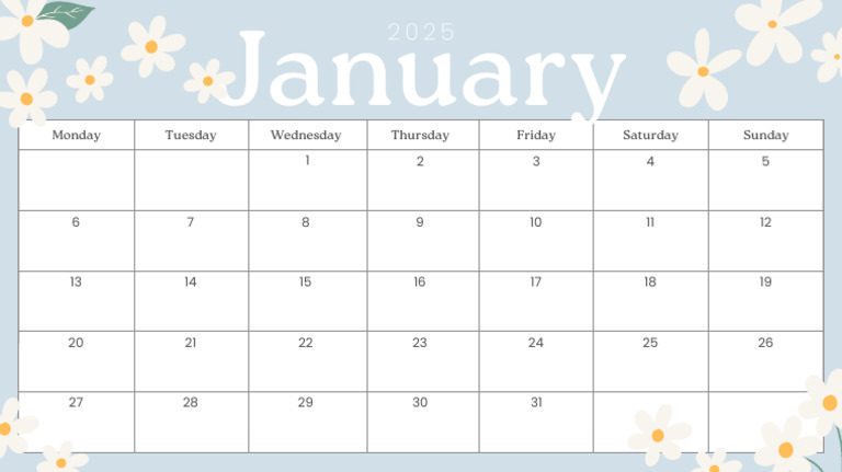 Baby Blue Daisy Planner 2025 January Monthly Calendar PDF | PDF