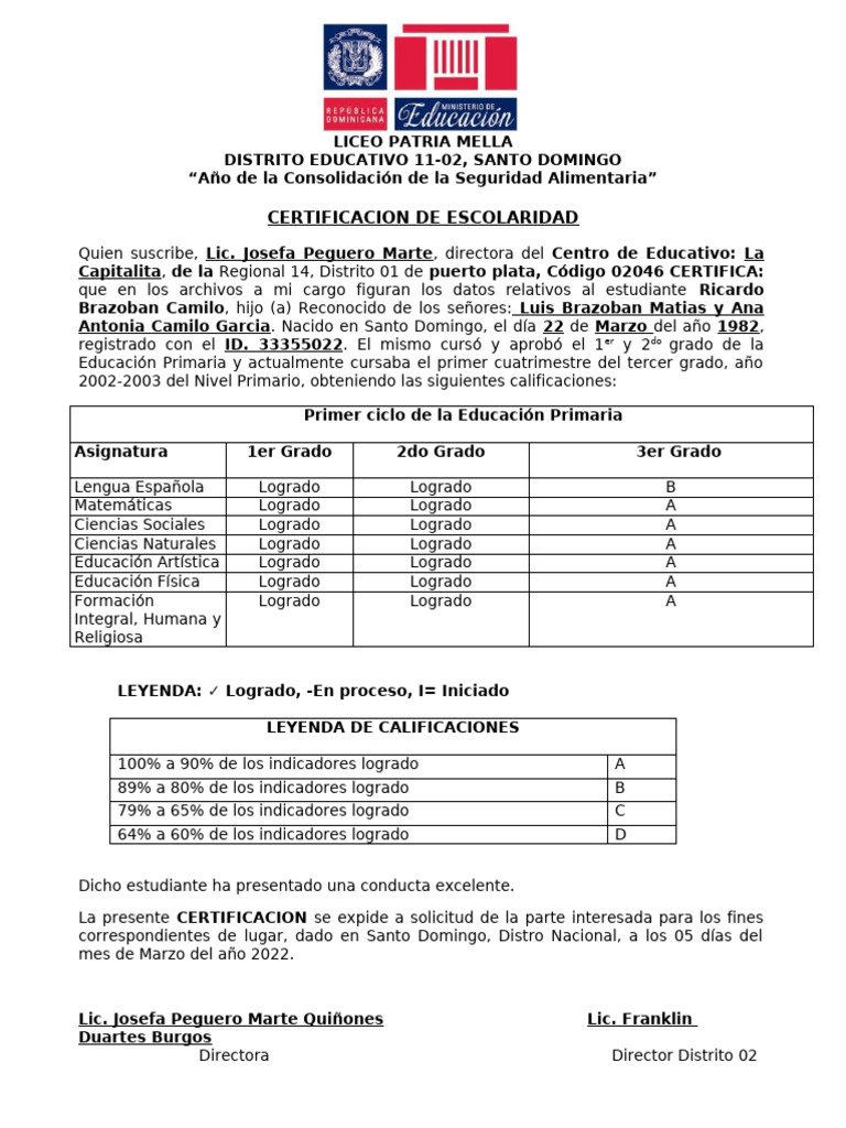 Ejemplo Record de Notas de La Escuela | PDF | Educación primaria