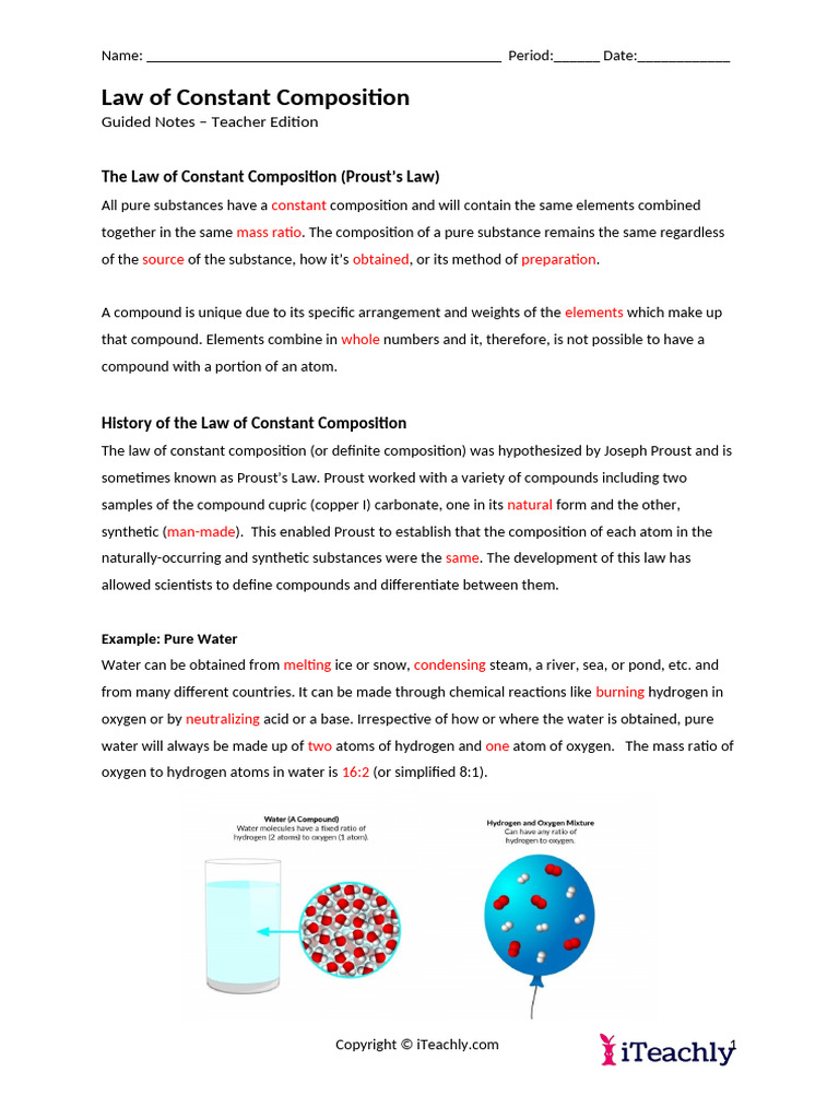3 4 Guided Notes TE Law of Constant Composition | PDF | Chemical ...