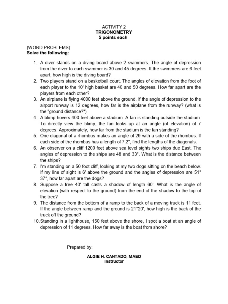 Trigonometry Word Problems | PDF